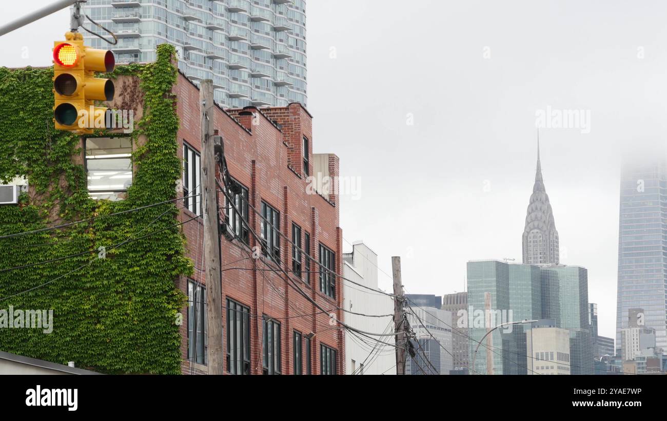 New York City street crossroad, yellow traffic light, transport road ...