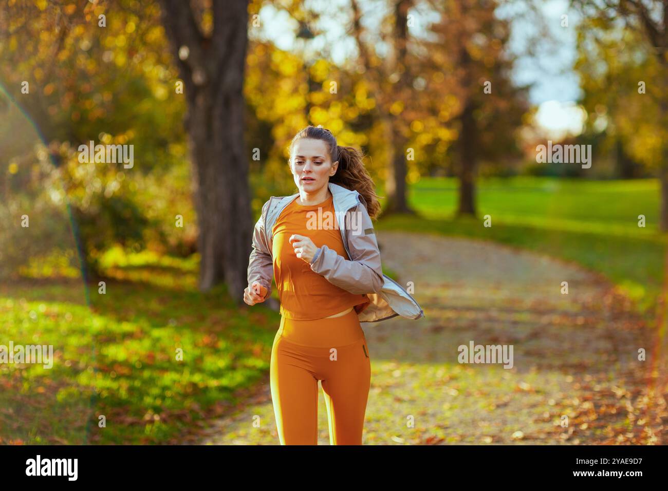 Hello autumn. young woman in fitness clothes in the park running Stock ...