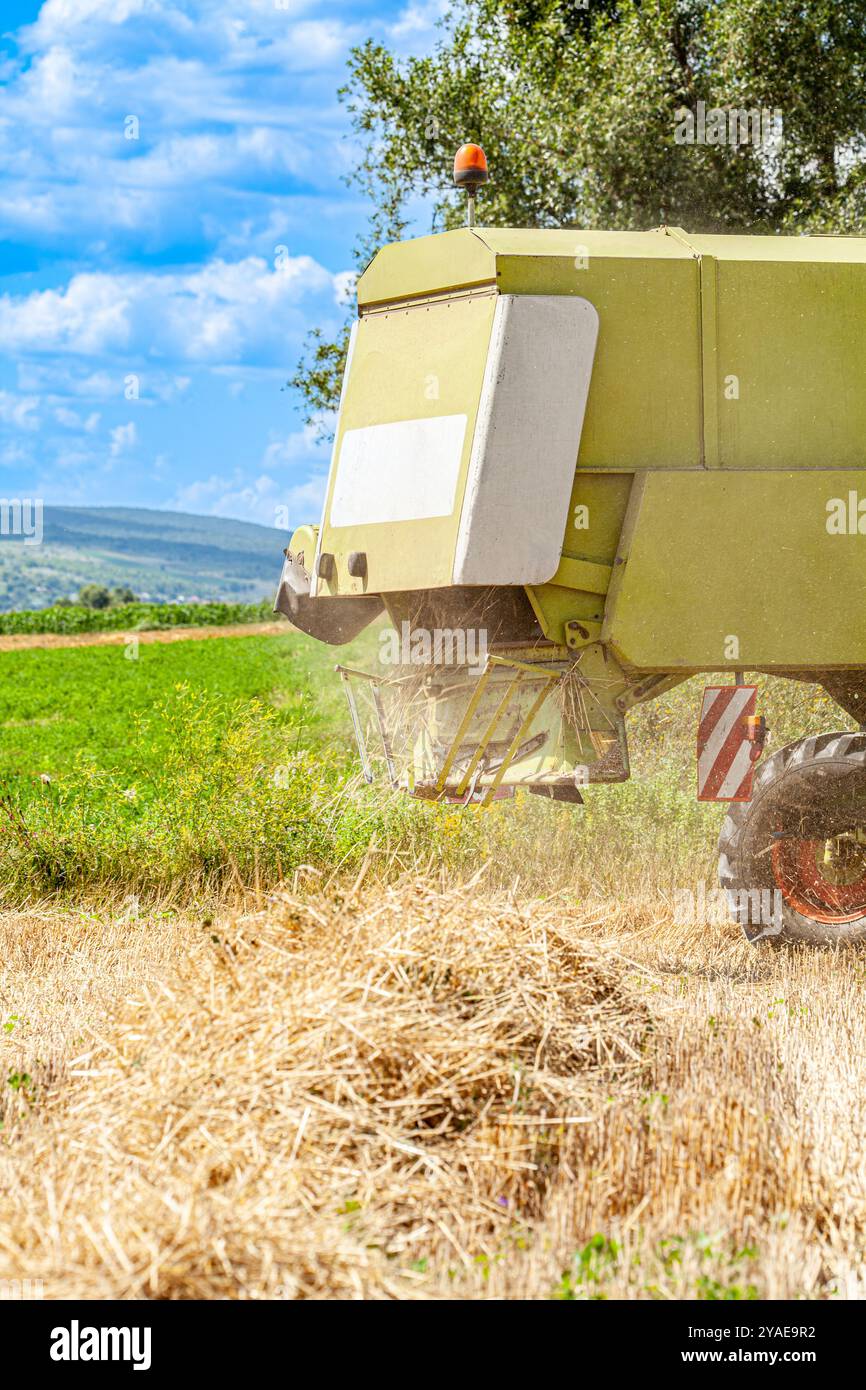 Aerial Front Side View of Burnt Combine Harvester on Grain Field with ...
