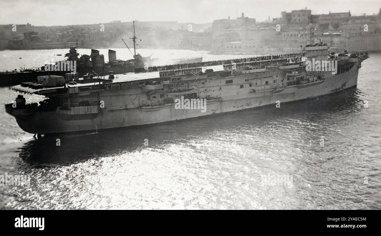 Royal Navy escort carrier HMS Ranee (D03) in port during the Second ...