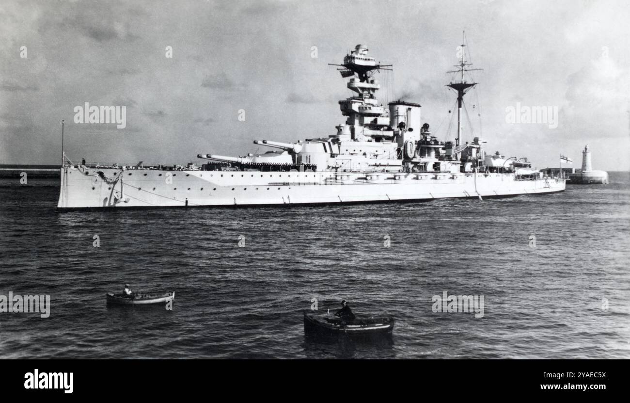 A Royal Navy Queen Elizabeth-class battleship during the 1930's with ...