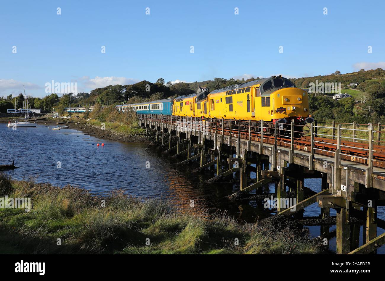 97304 & 97302 head over the trestle bridge at Pensarn with the ...