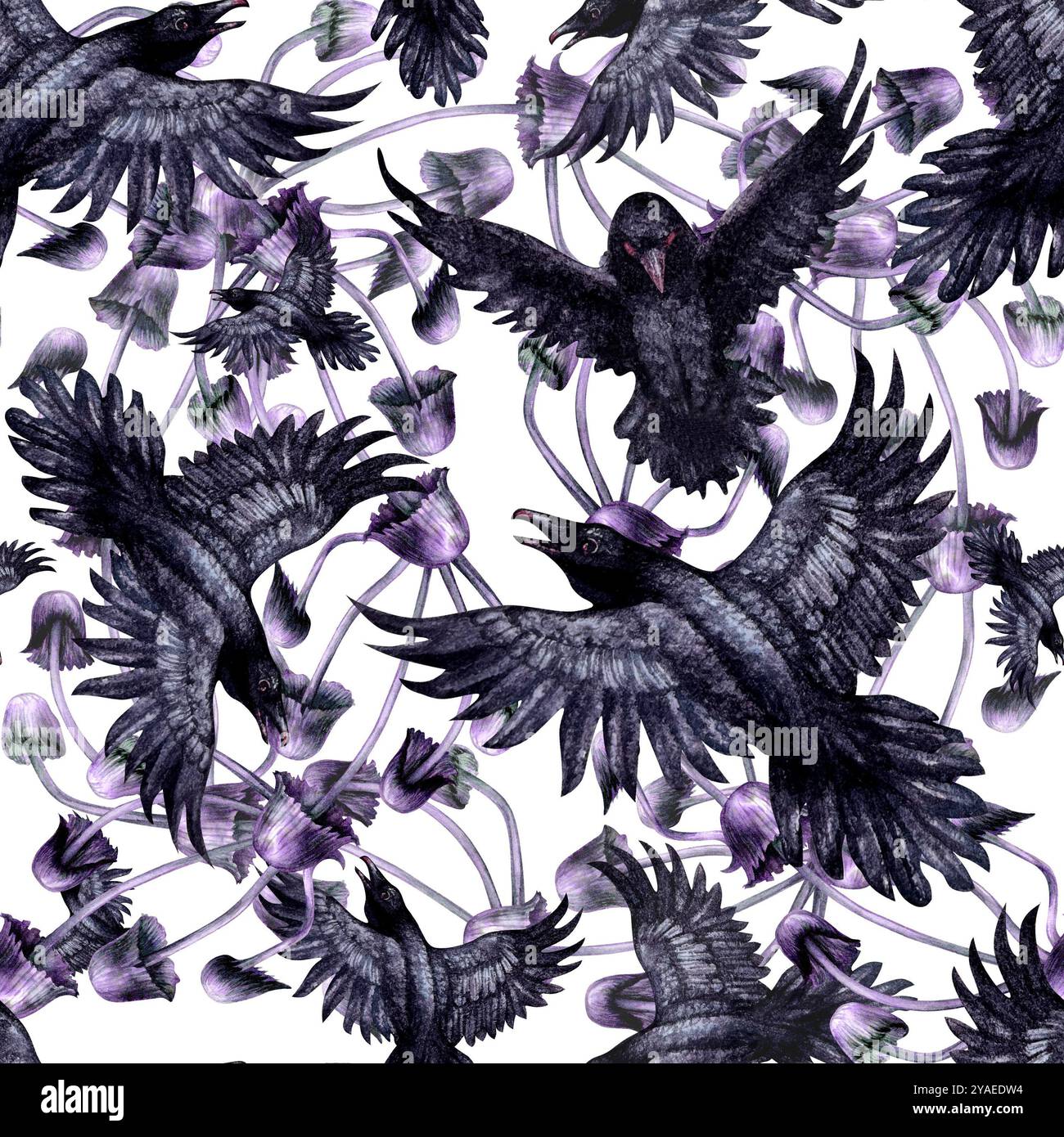 Seamless pattern with black ravens and purple toadstools. Watercolor ...