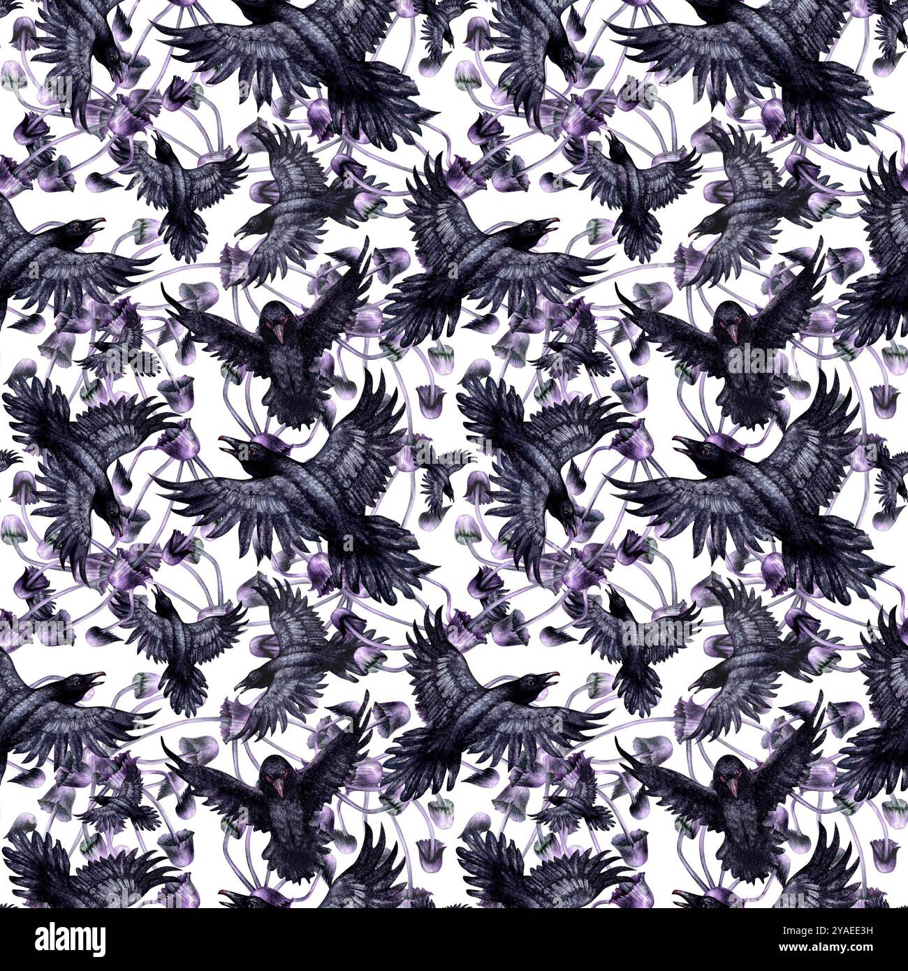 Seamless pattern with black ravens and purple toadstools. Watercolor ...