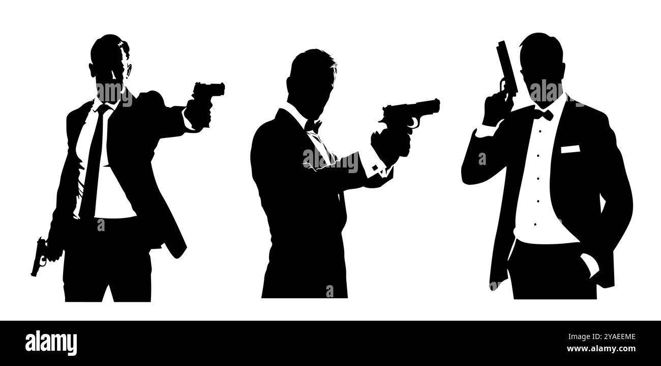 Silhouettes of elegant men in suits and with a bow tie with a gun in ...