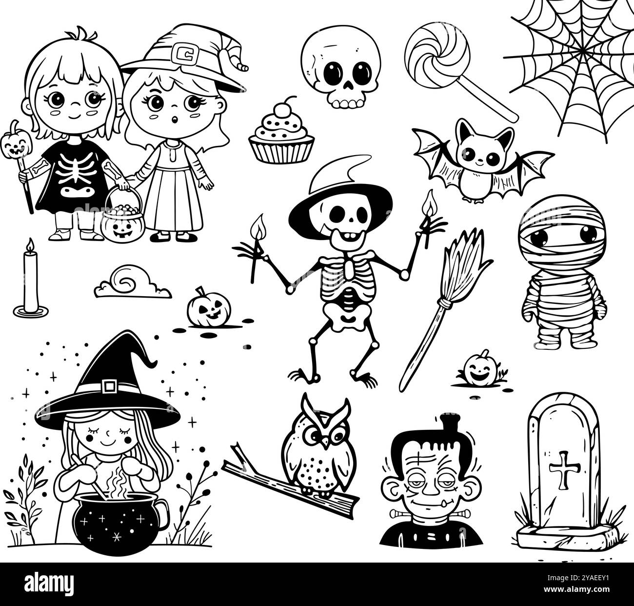 Happy Halloween sticker set with witch, spider, bat, skeleton, broom ...