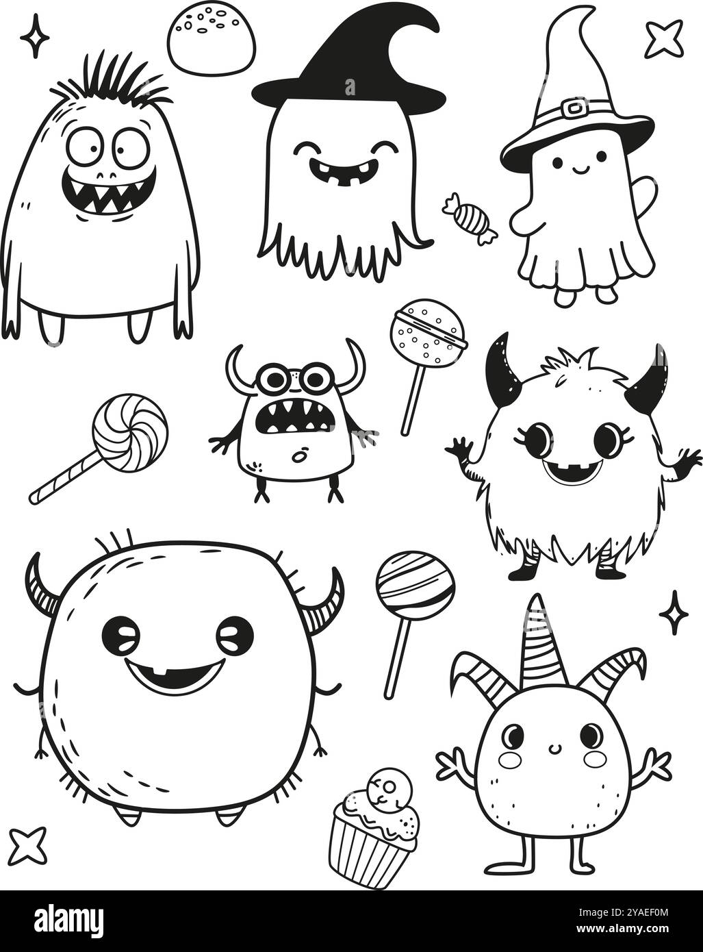 Coloring page with cute kawaii monsters and ghosts in doodle style ...