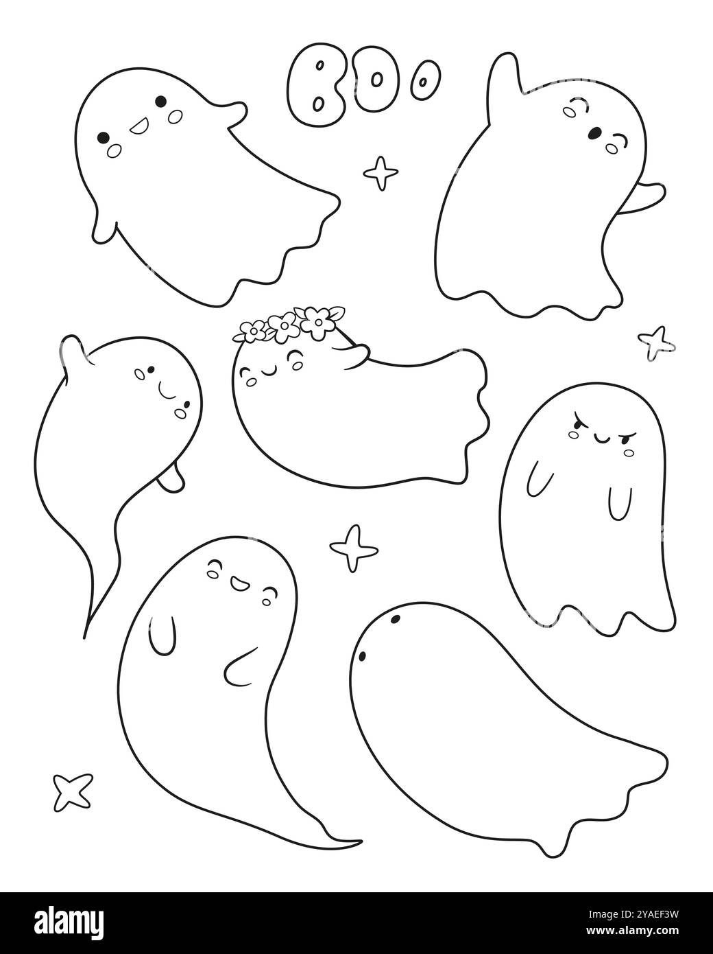 Coloring page with cute kawaii ghosts in doodle style. Halloween black ...