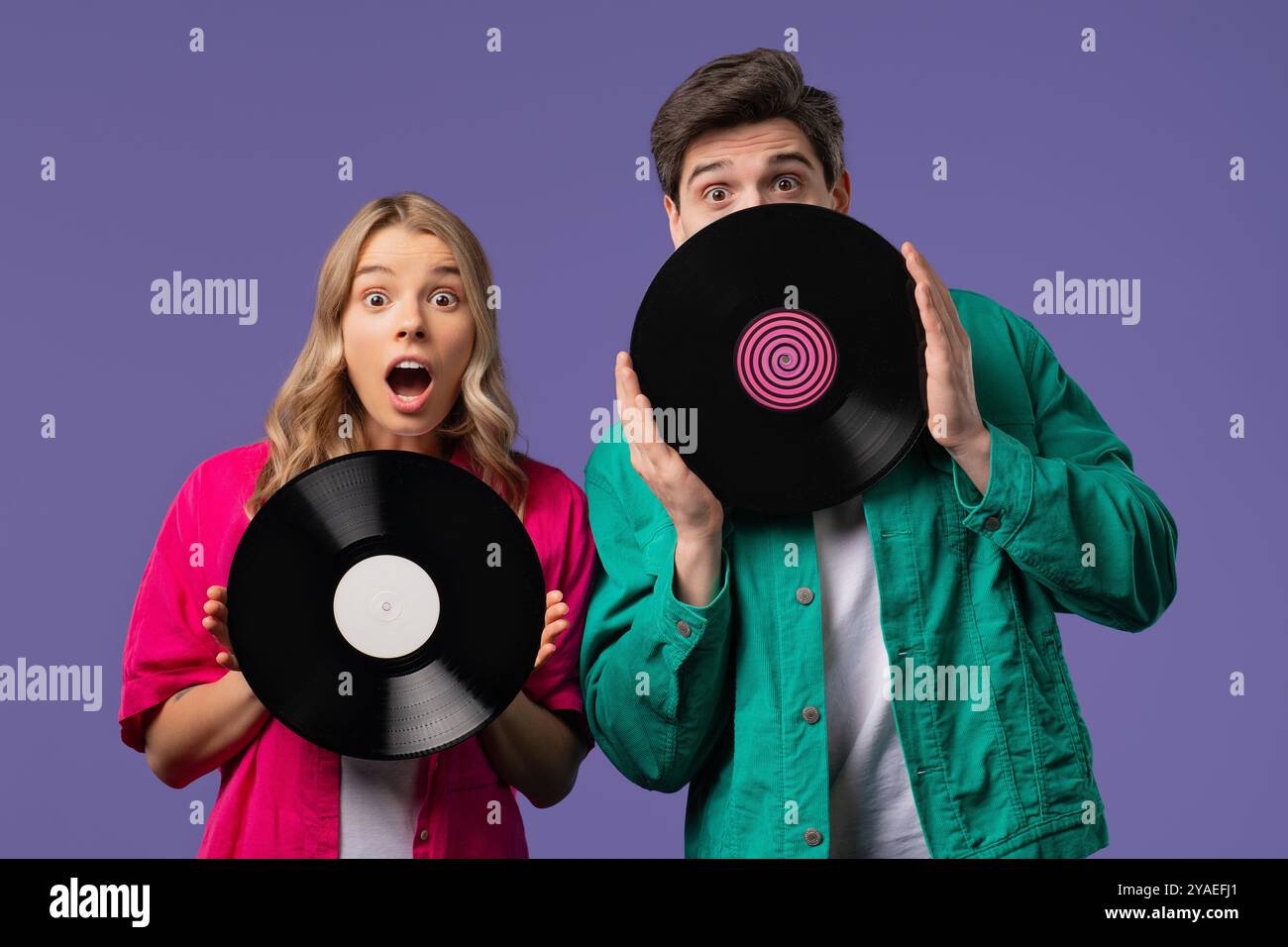 Funny couple - man woman dancing with vinyl records disc. Hobby, music ...