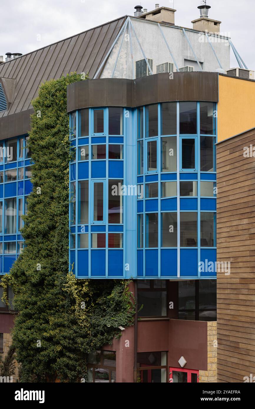 Colorful modern building with blue glass windows and ivy-covered facade ...