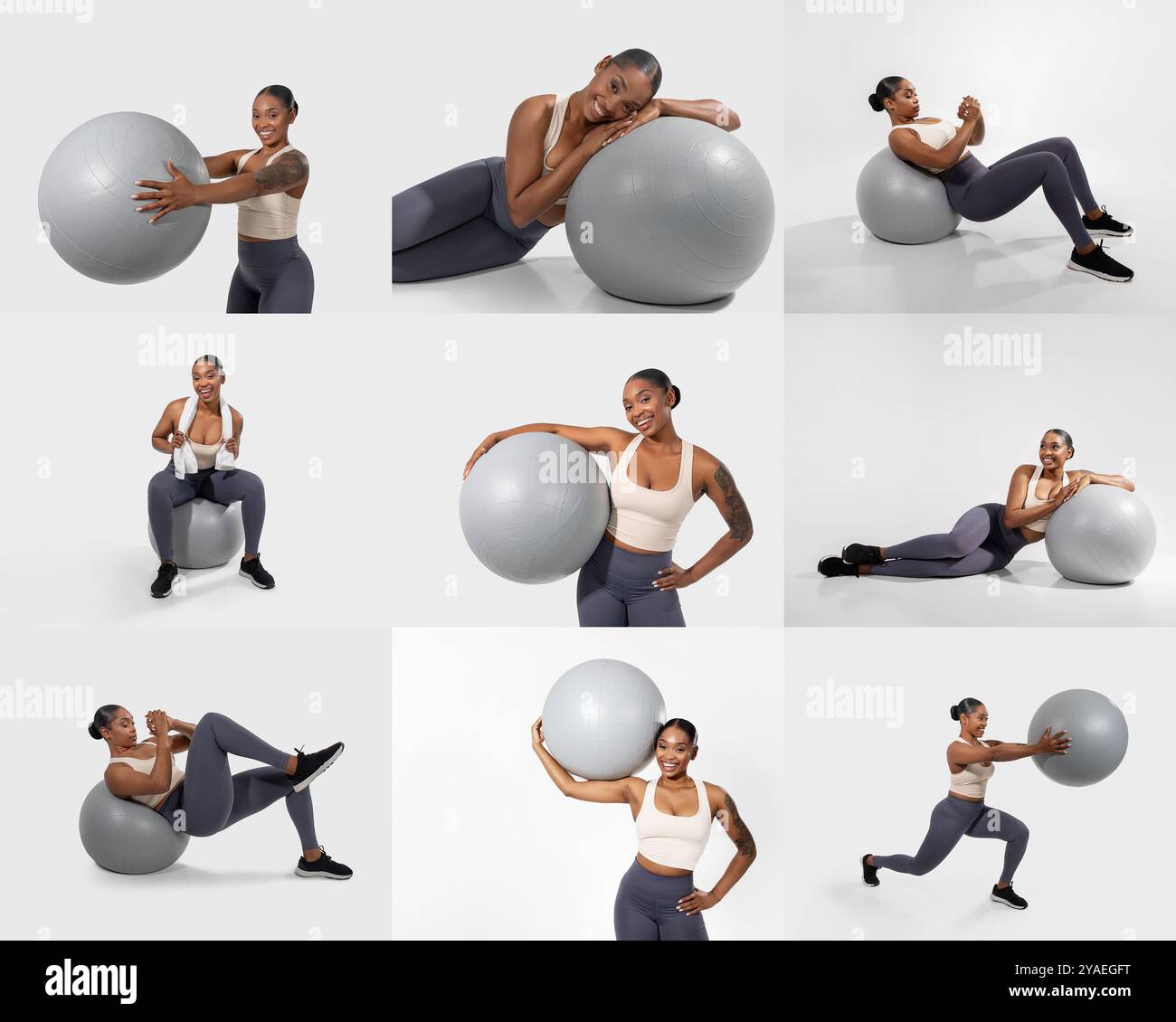 Dynamic fitness poses using stability balls in a bright studio setting ...