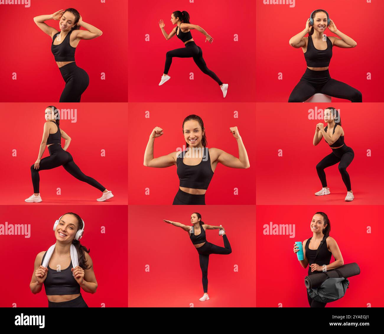 Active young woman showcasing fitness poses against a vibrant red ...