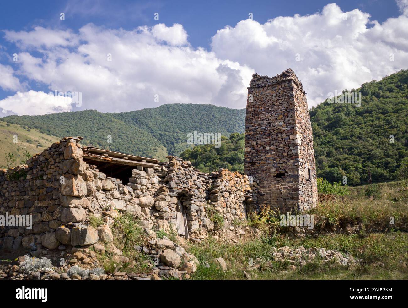 Traditional Ossetian family tower in front of wooded mountains in ...