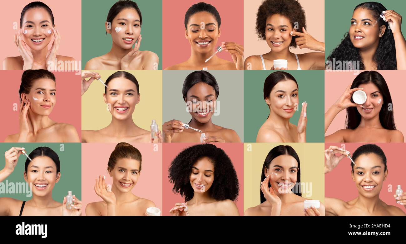 Diverse group of women showcasing skincare routines in vibrant colors ...