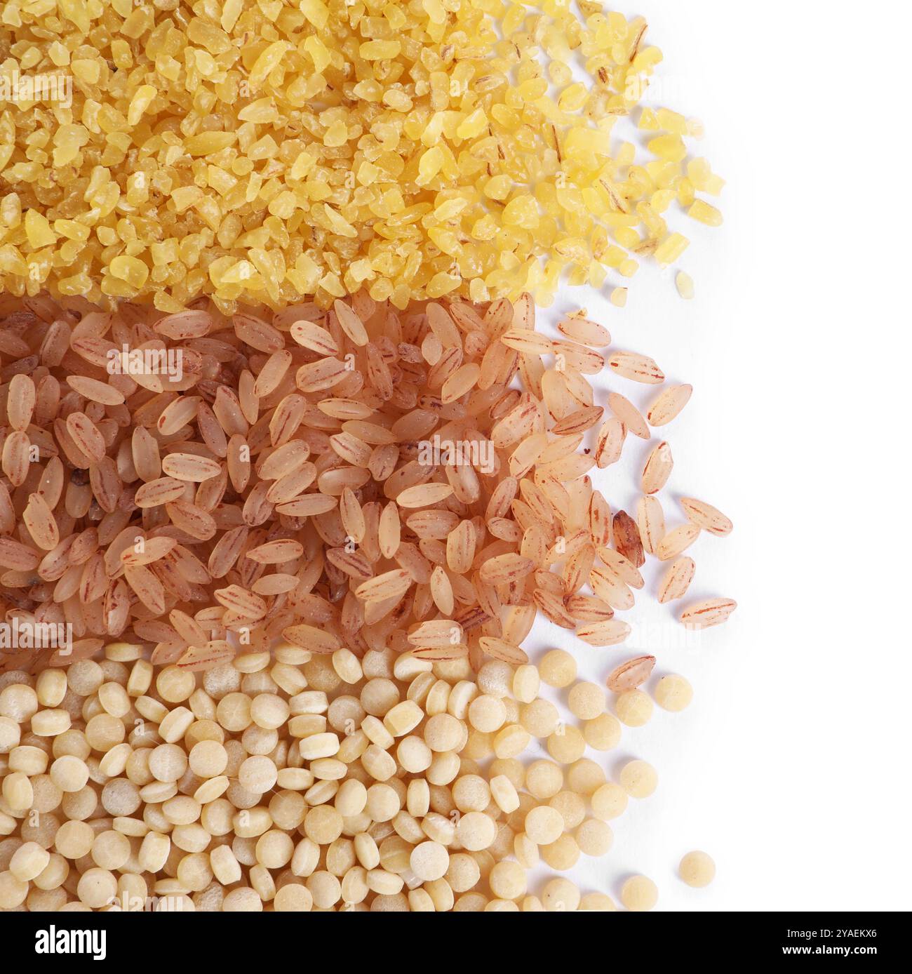 Different types of cereals isolated on white, top view Stock Photo - Alamy