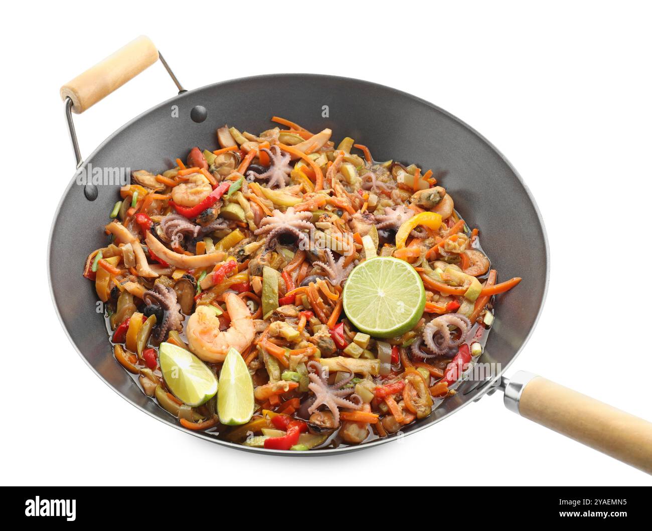 Stir-fry sea food in wok isolated on white Stock Photo - Alamy