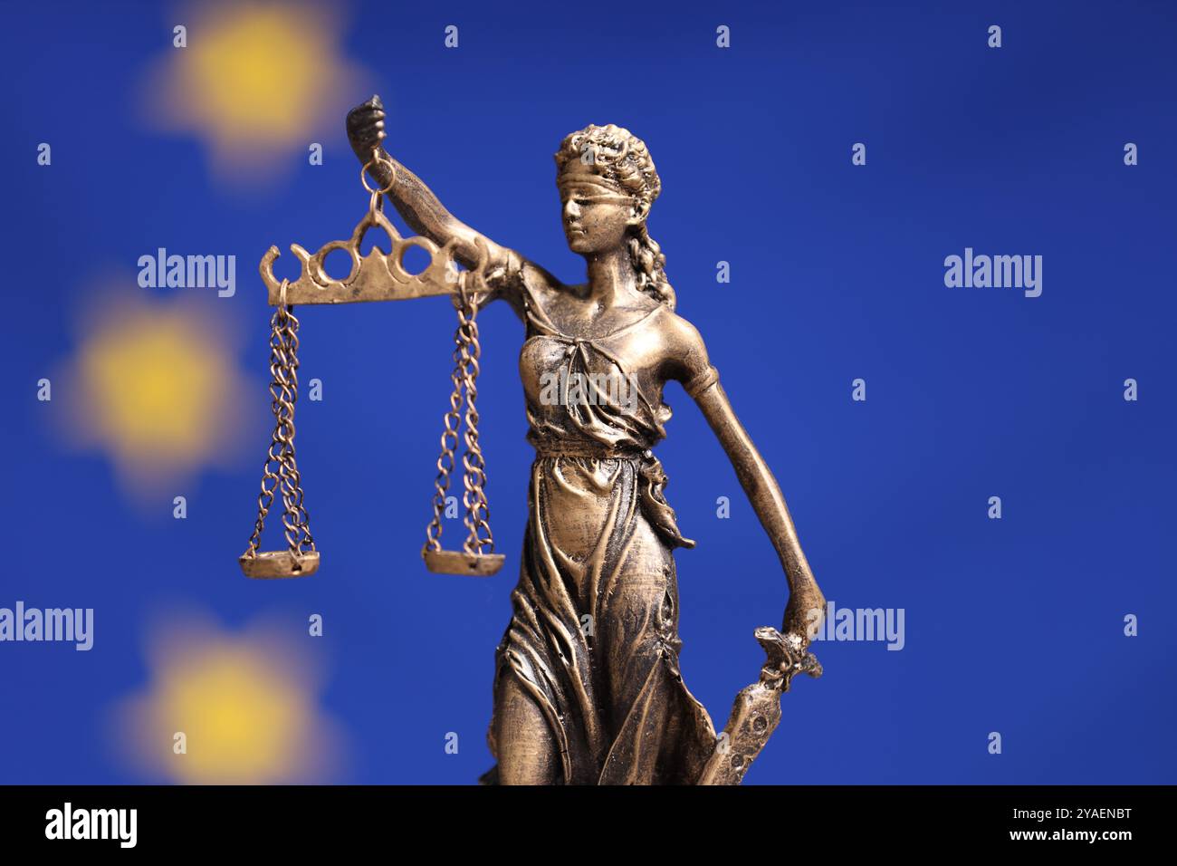 Figure of Lady Justice against European Union flag, closeup Stock Photo ...