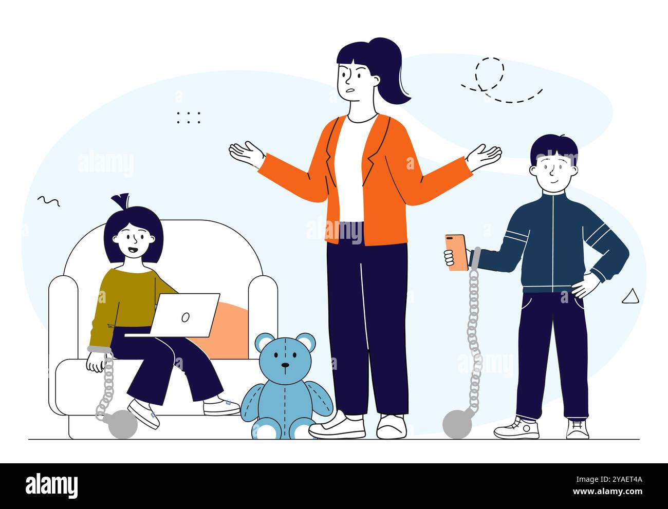 Kids with addiction to gadgets. Boy and girl with chains and smartphone ...