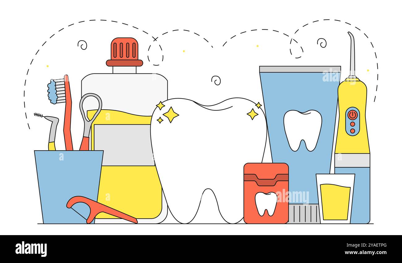 Dental hygiene pack. Tooth brush, oral hygiene and treatment. Floss and ...