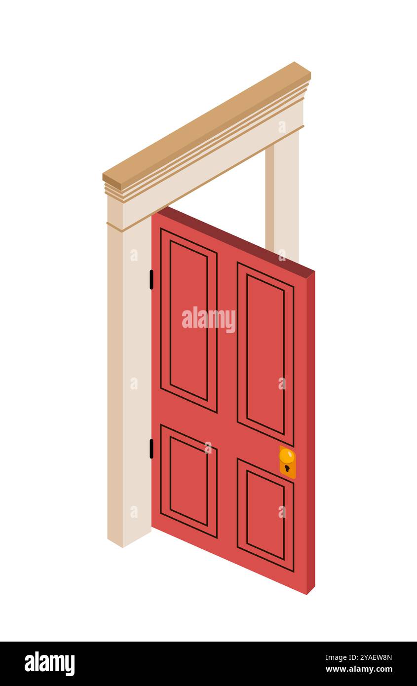 Isometric door open. Red doorway with doorknob. Facade and exterior ...