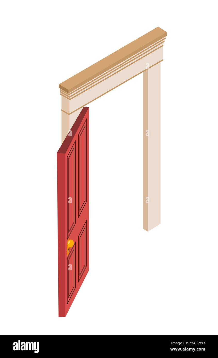 Isometric door open. Red doorway with doorknob. Facade and exterior ...