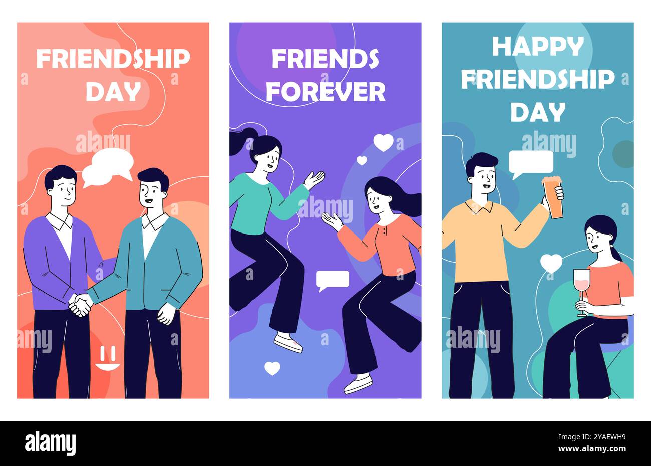 Friendship day posters set. Men and women communicate with each other ...