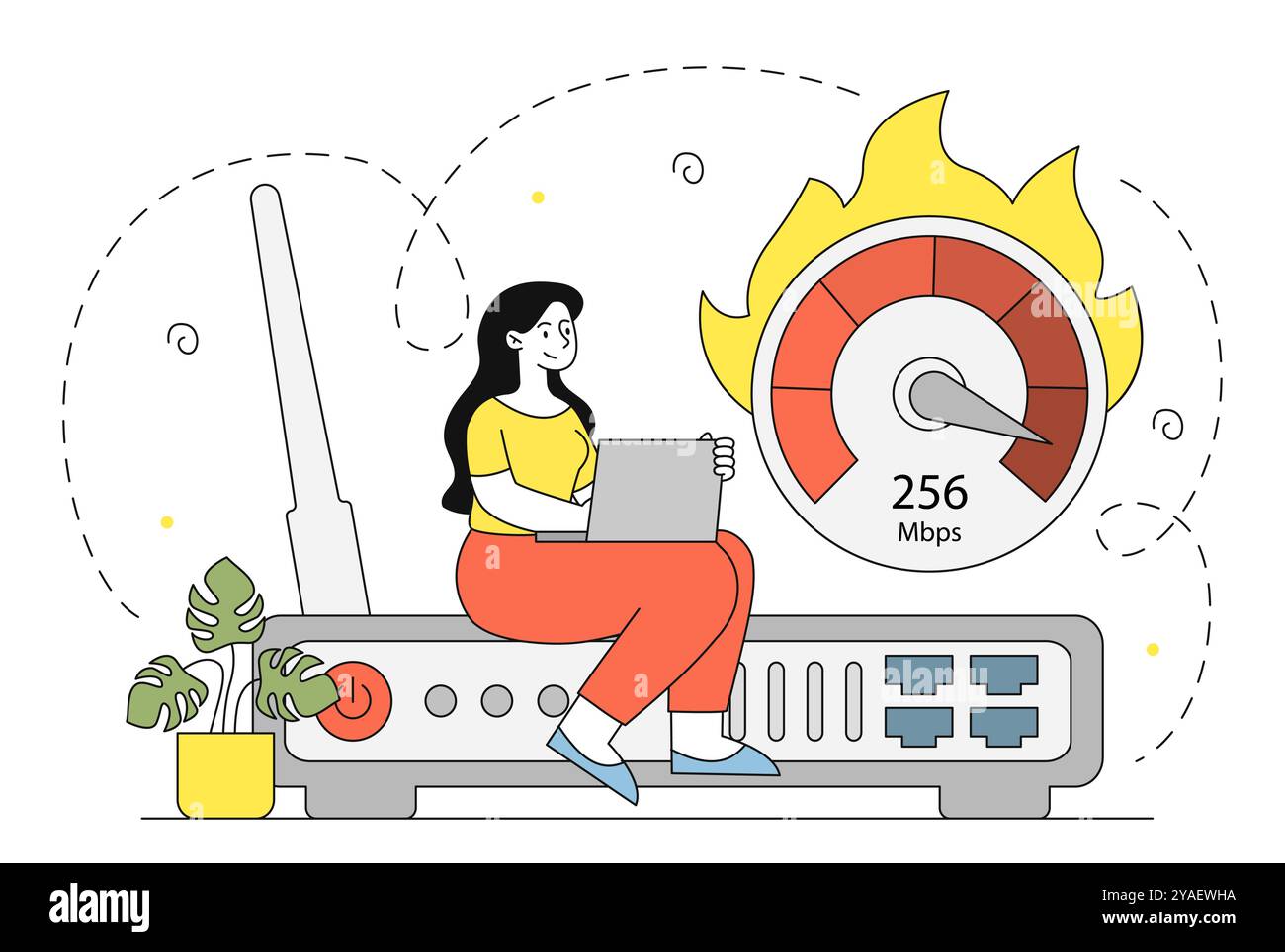 Woman with internet speed. Young girl sitting on router with fast ...