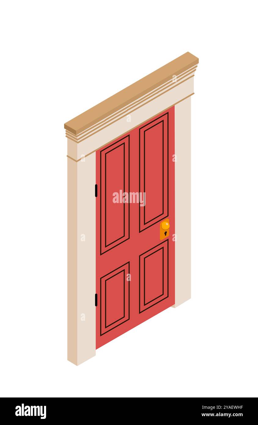 Isometric door open. Red doorway with doorknob. Facade and exterior ...