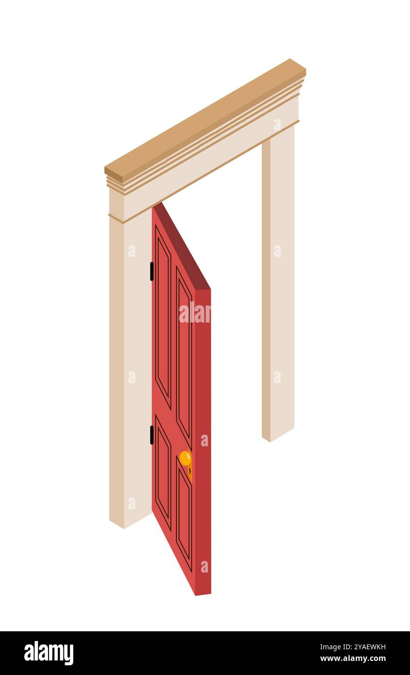 Isometric door open. Red doorway with doorknob. Facade and exterior ...