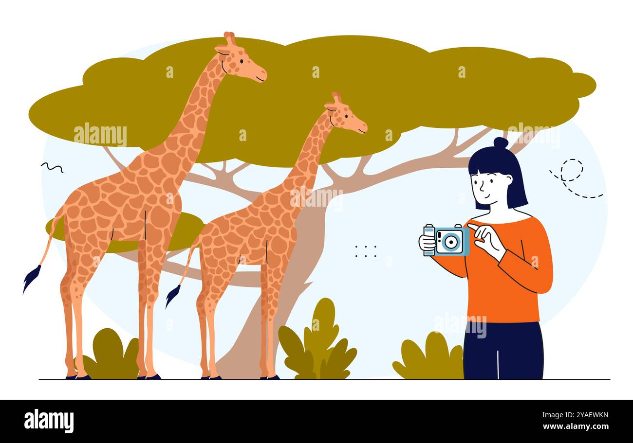 Photo journalist with giraffe. Woman with camera takes photo of giraffe ...