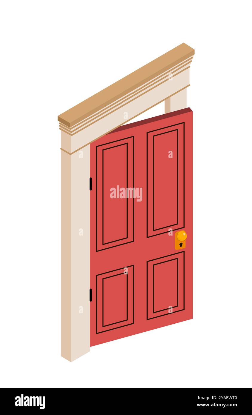 Isometric door open. Red doorway with doorknob. Facade and exterior ...