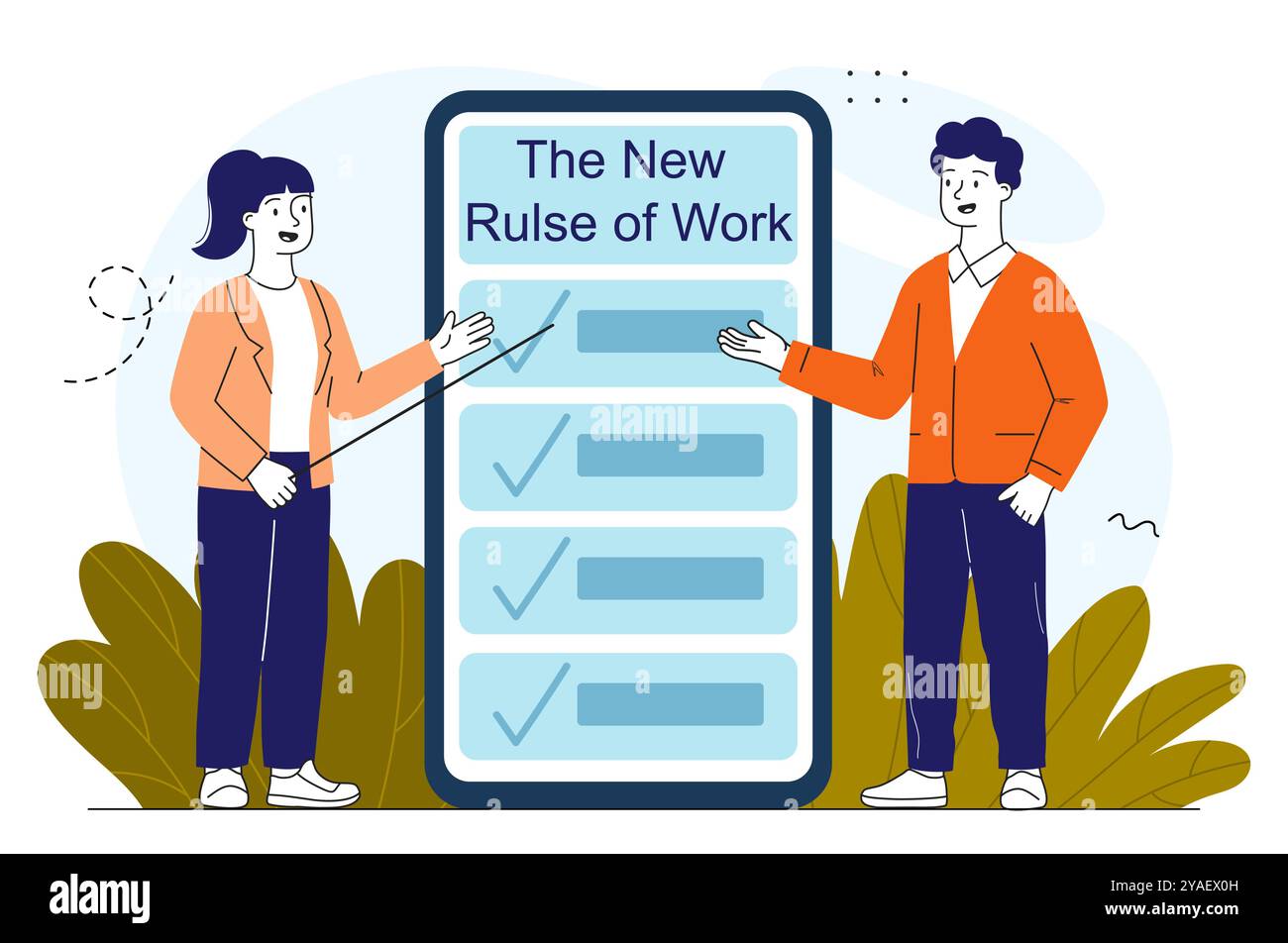 New rules of work. Man and woman near huge smartphone with list of ...