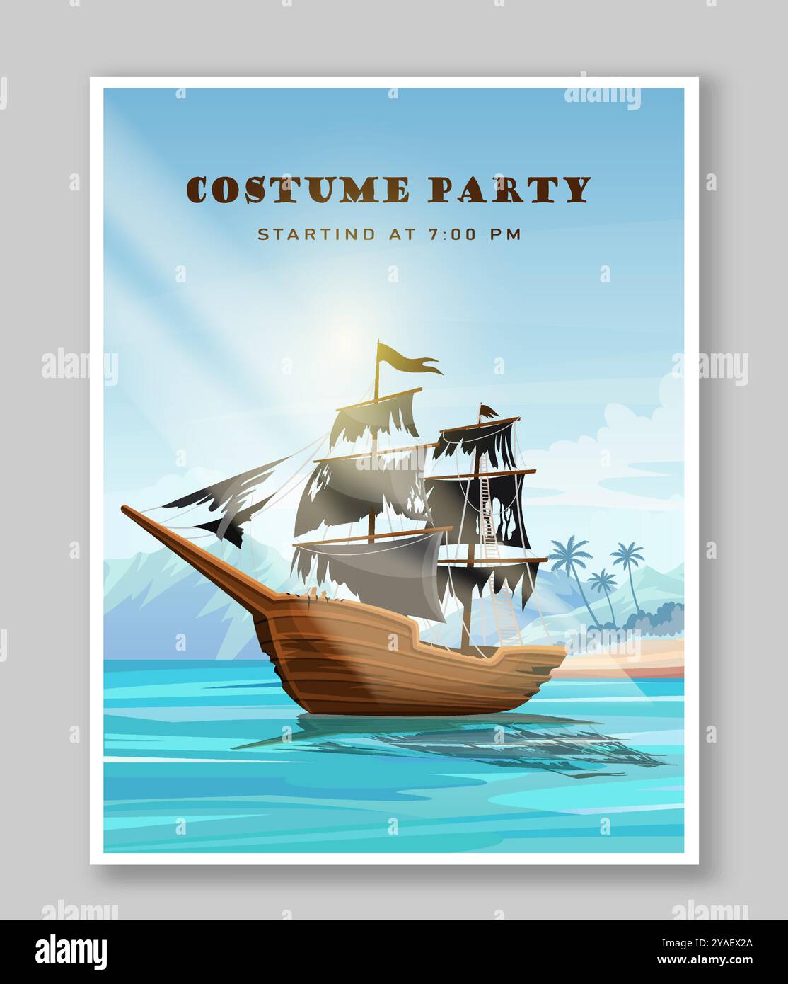 Pirate party poster. Boat with black sails. Nautical travel and trip ...
