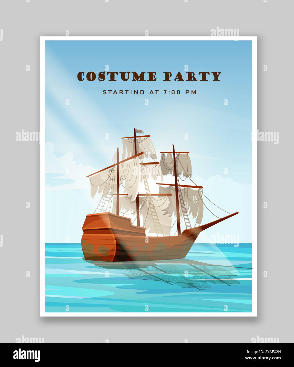 Pirate party poster. Boat with white sails. Nautical travel and trip ...