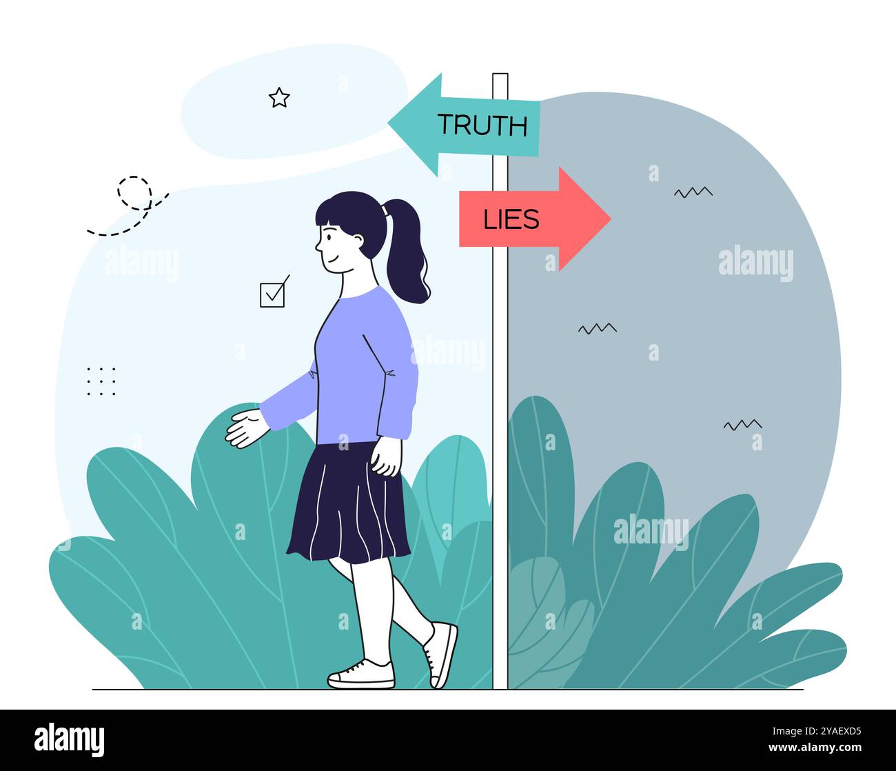 Woman with truth or lies. Young girl near green and red road signs ...