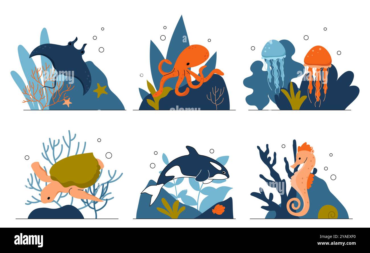 Set of sea creatures. Octopus and meduses, turtle and sea horse, shark ...