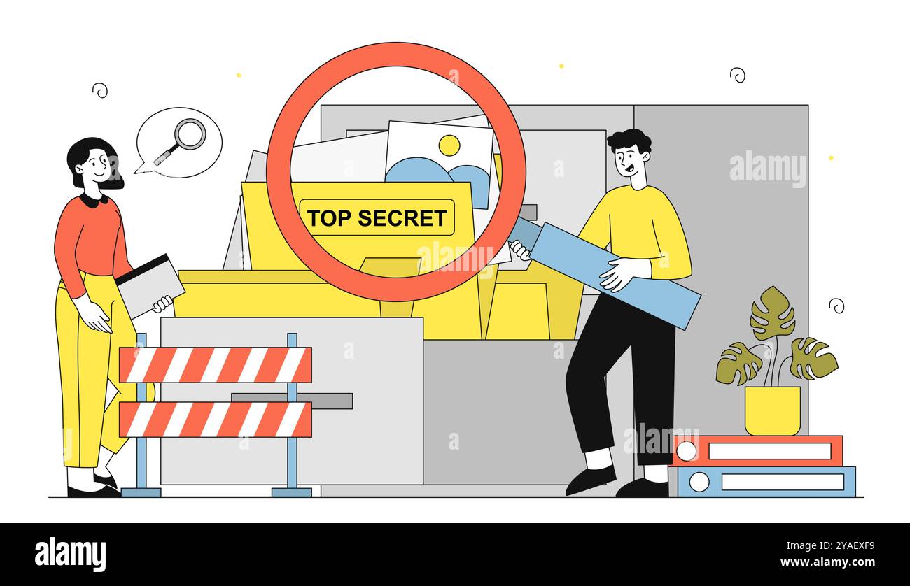 Top secret files. Woman and man with magnifying glass near folder with ...