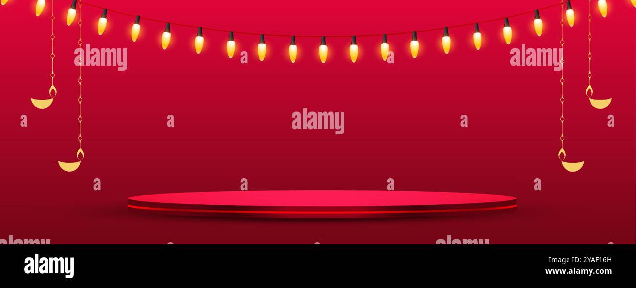 shubh diwali banner with 3d podium platform and light festoon design ...