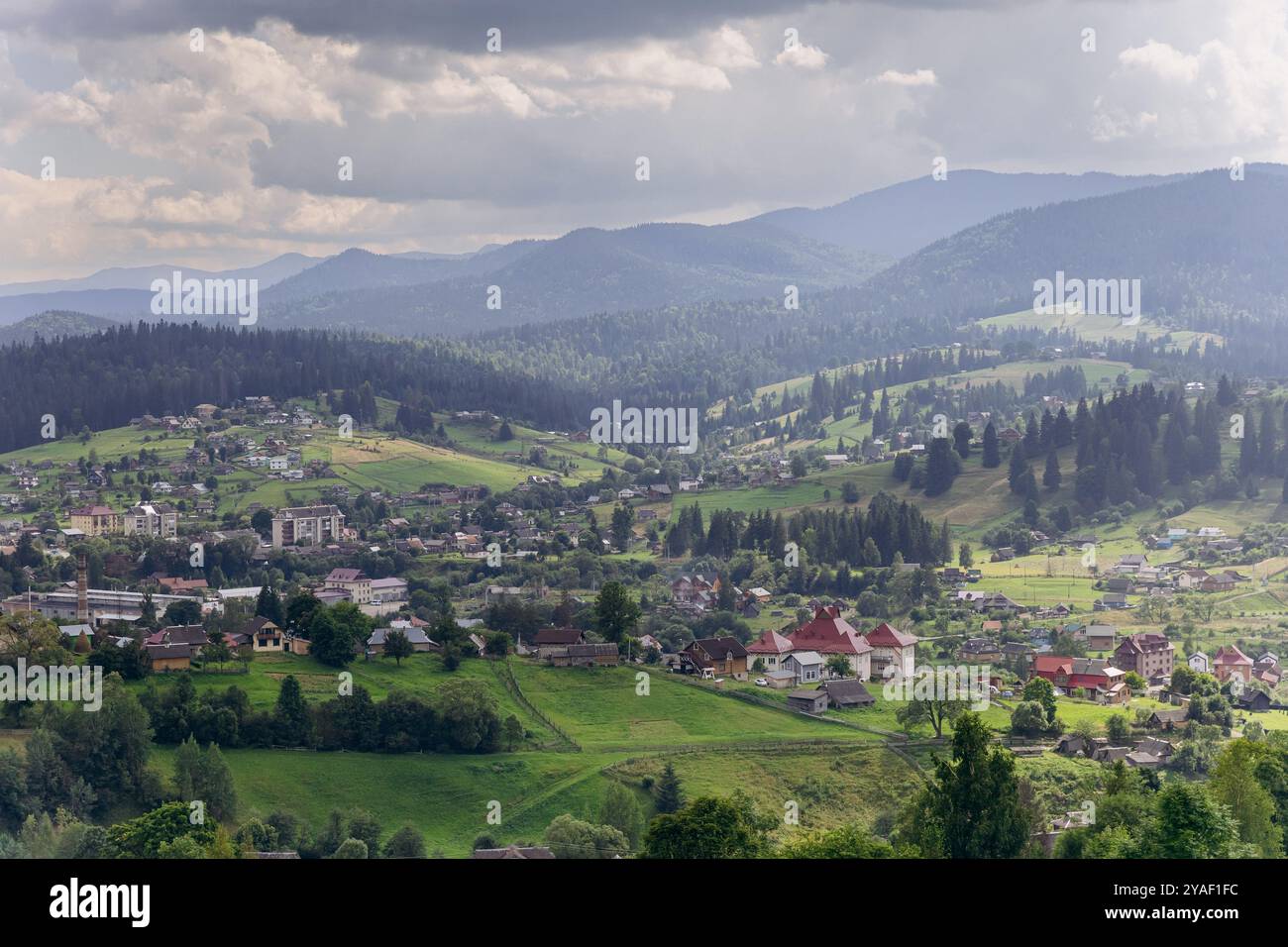 Scenic landscape view of Vorokhta, picturesque mountain village with ...
