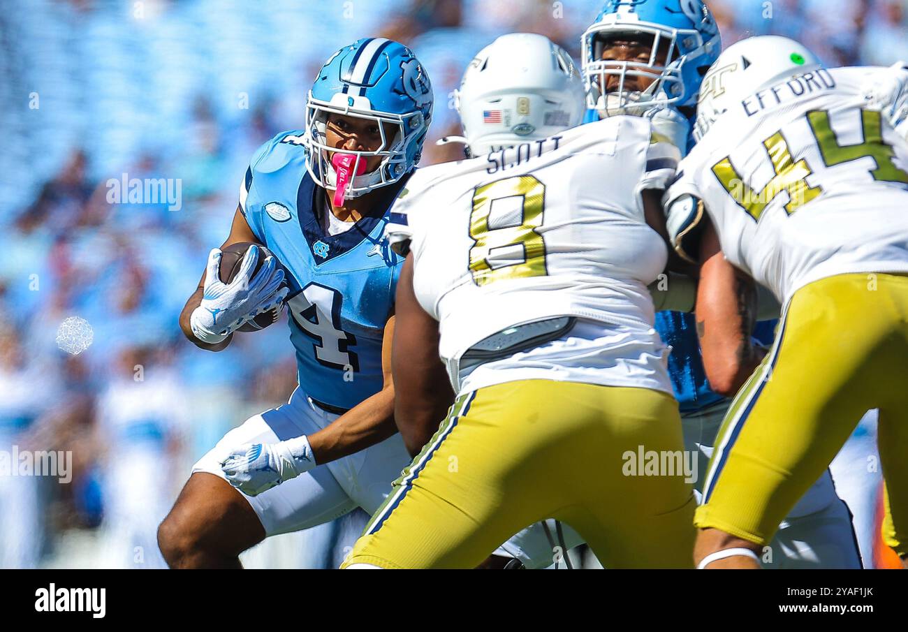 October 12, 2024: North Carolina senior Caleb Hood (4) comes around end ...