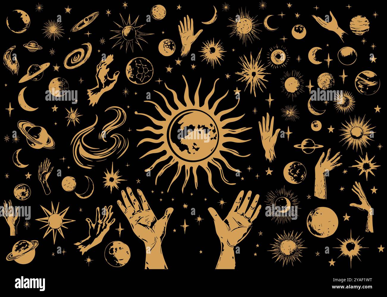 Celestial Illustration hand drawn Set. Sun, moon, stars and space with ...
