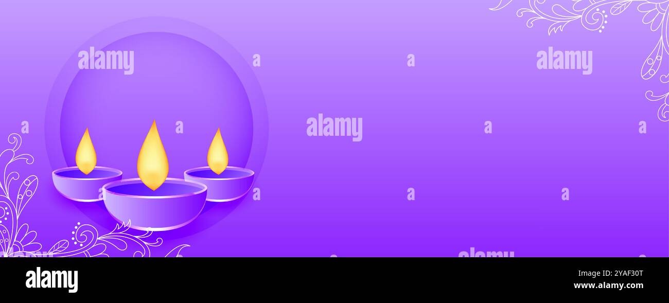 shubh diwali purple banner with image or text space and diya design ...