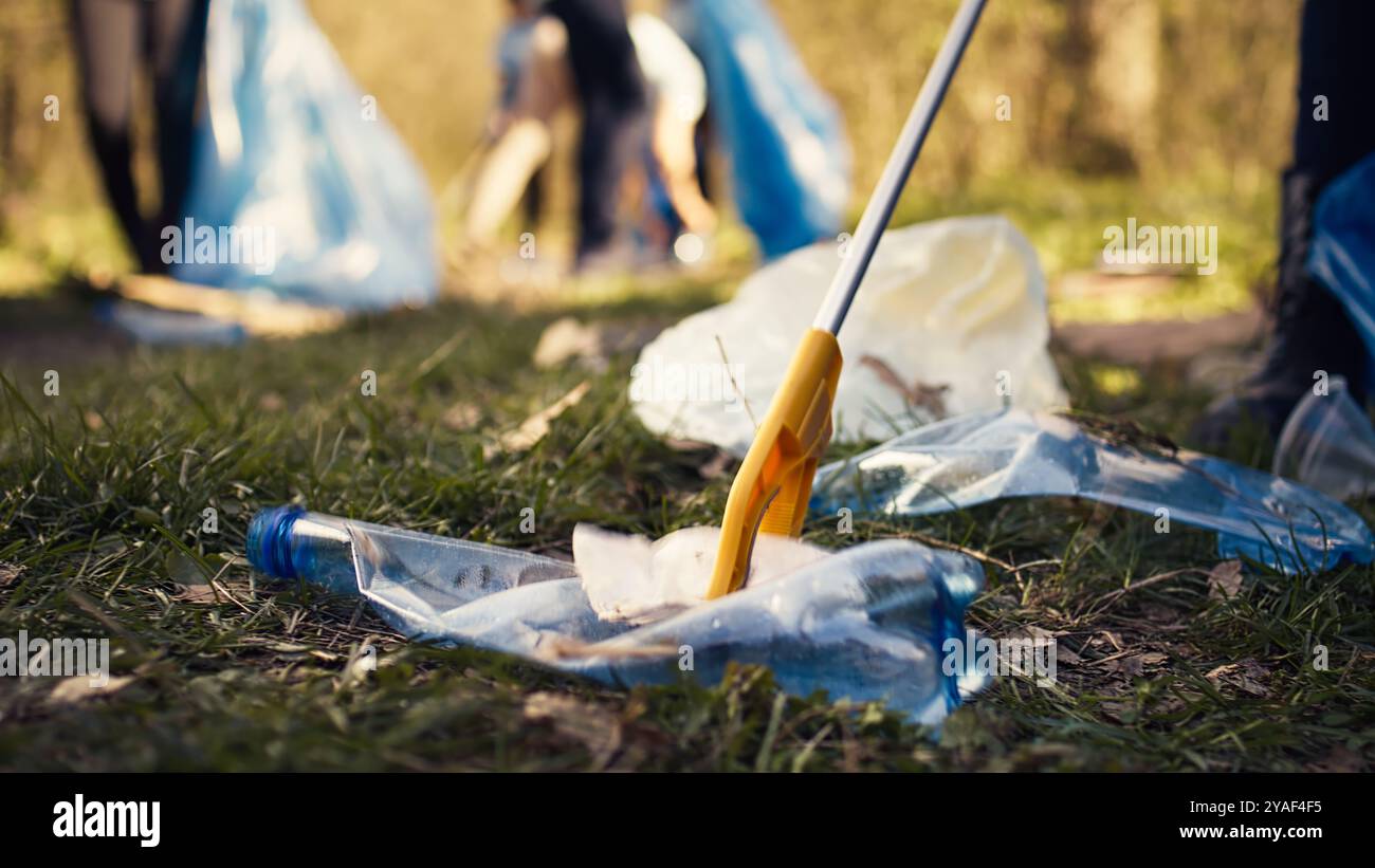 Group of volunteers cleaning the forest from litter and plastic waste ...