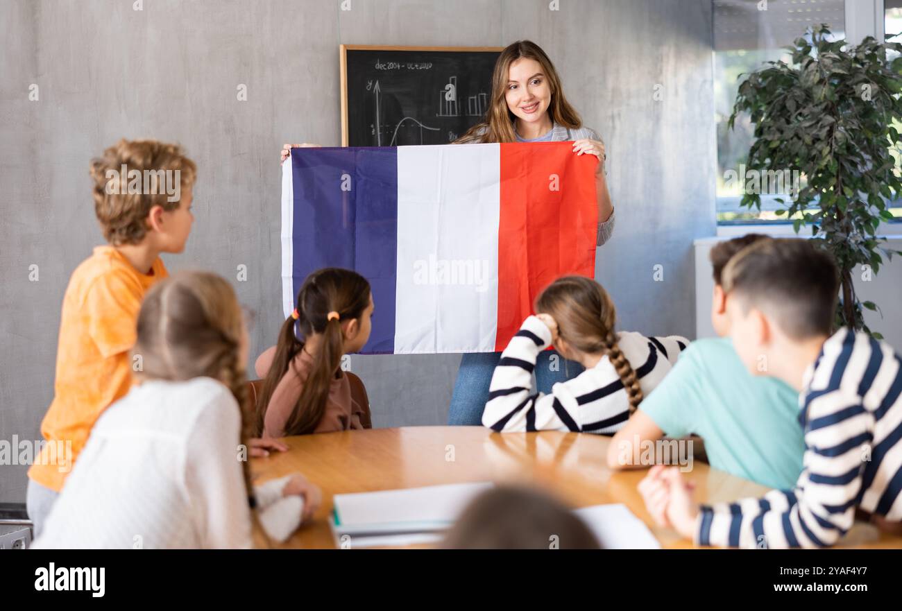 Geography lesson in school class - teacher talks about France, holding ...