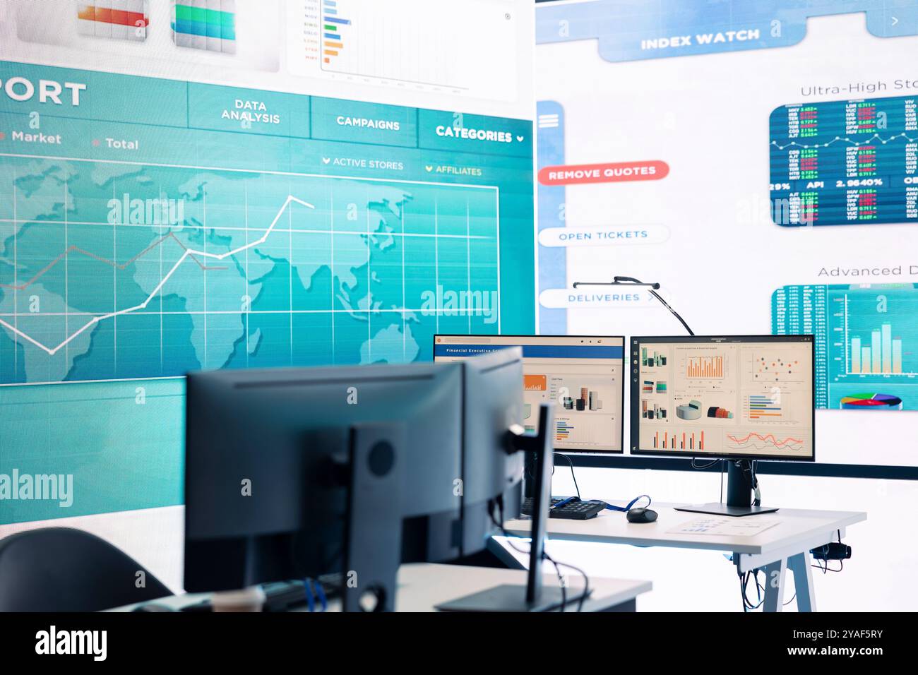 Multinational company headquarters office with a big data screen ...