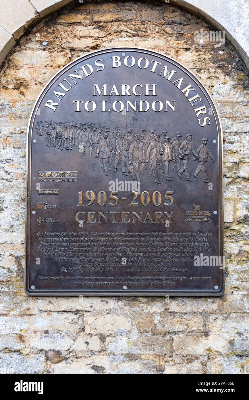 Plaque marking the centenary of the Raunds Bootmakers March from Raunds ...