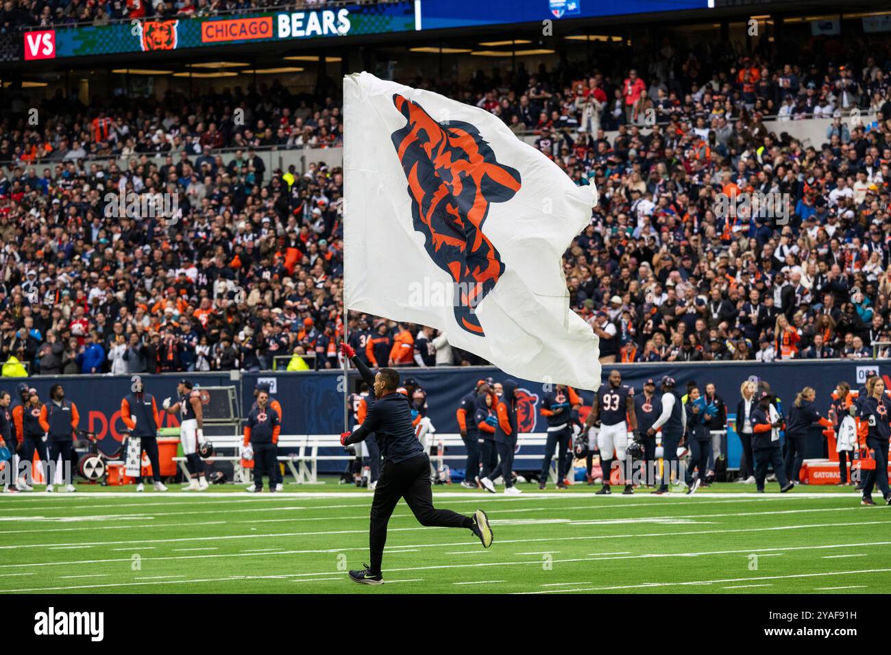 London, UK. 13 October 2024. One of the Chicago Bears flag carriers ...