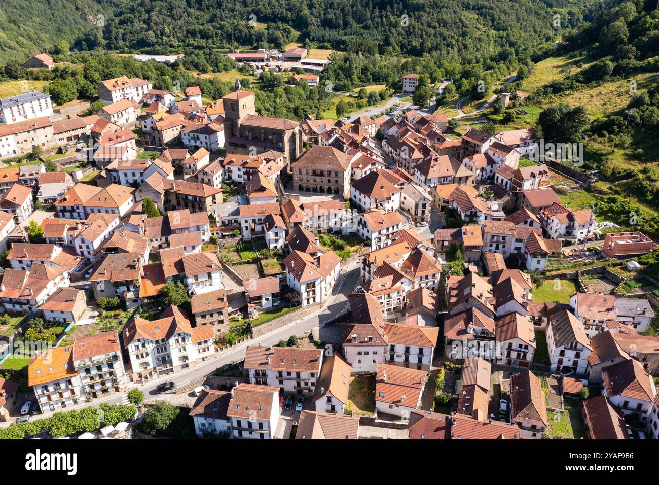Dense urban development of medieval Spanish town of Isaba, view from ...