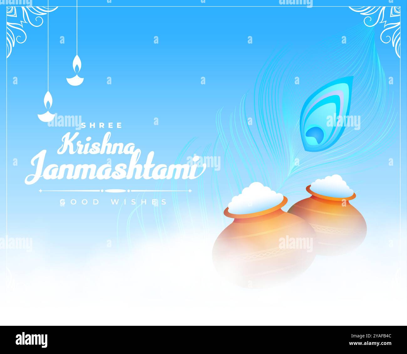 krishna janmashtami blue wishes card with matki and peacock feather ...