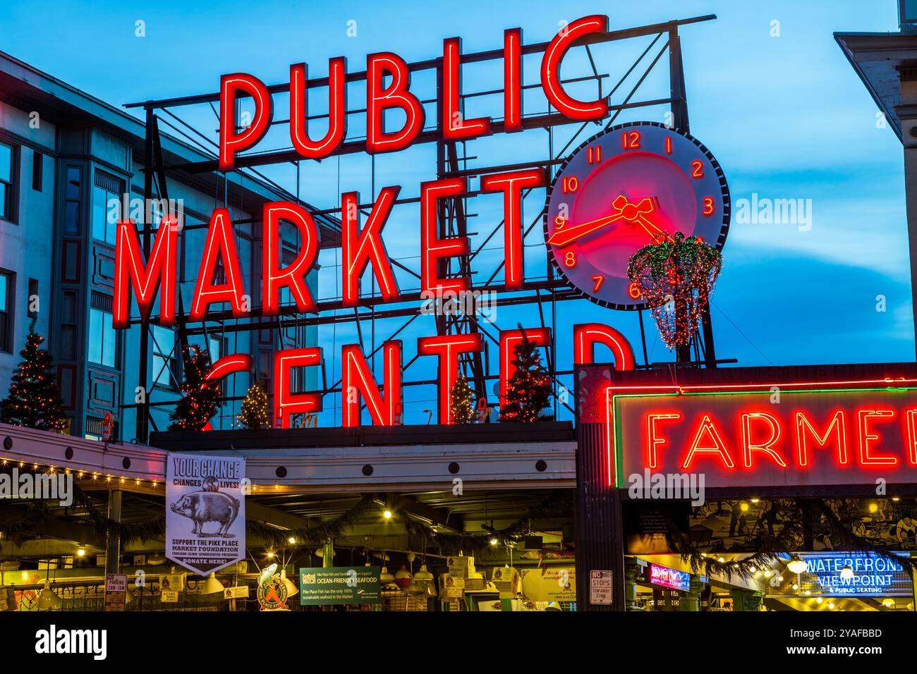 Public market sign at the Pike Place Market in Seattle, Washington, USA ...